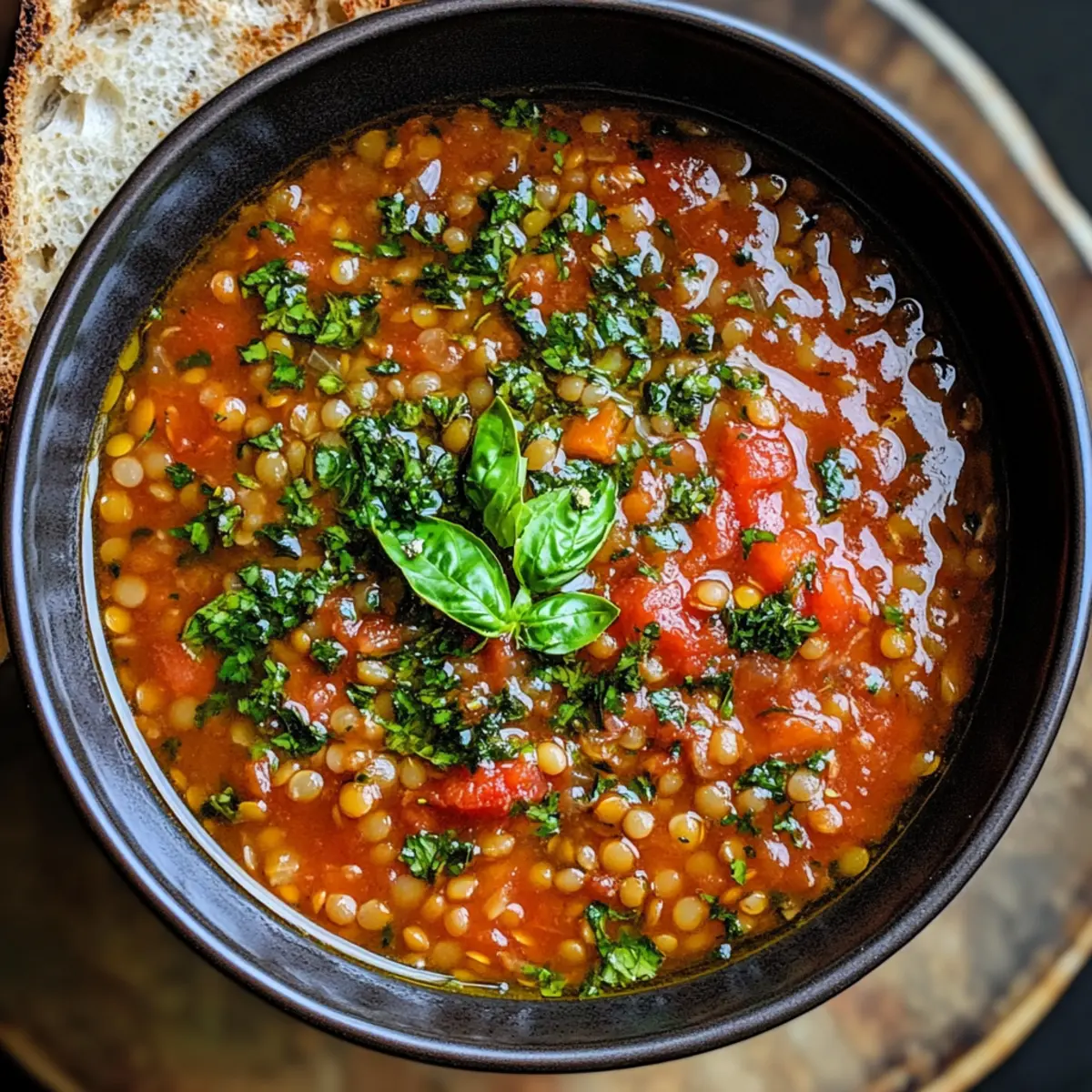 Easy Delicious Spiced Tomato & Lentil Soup with Basil Oil